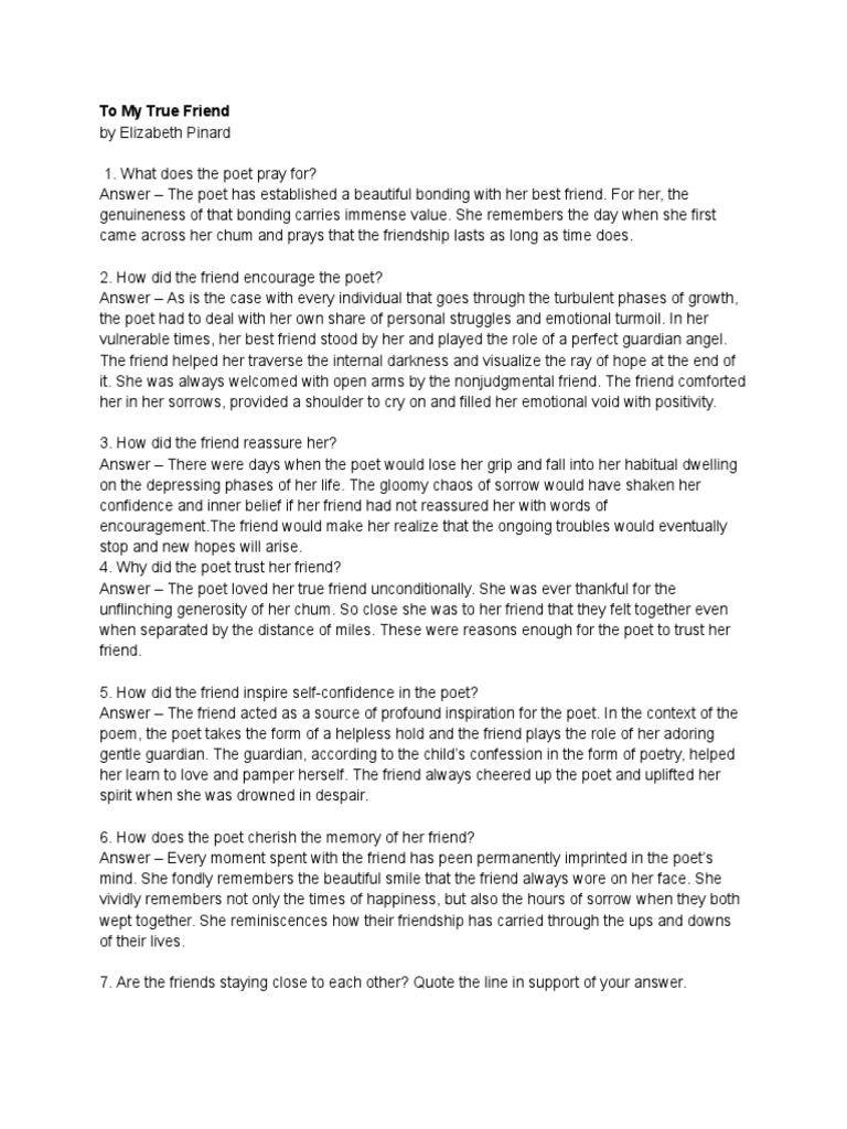 To True Friend by Elizabeth Pinard | PDF