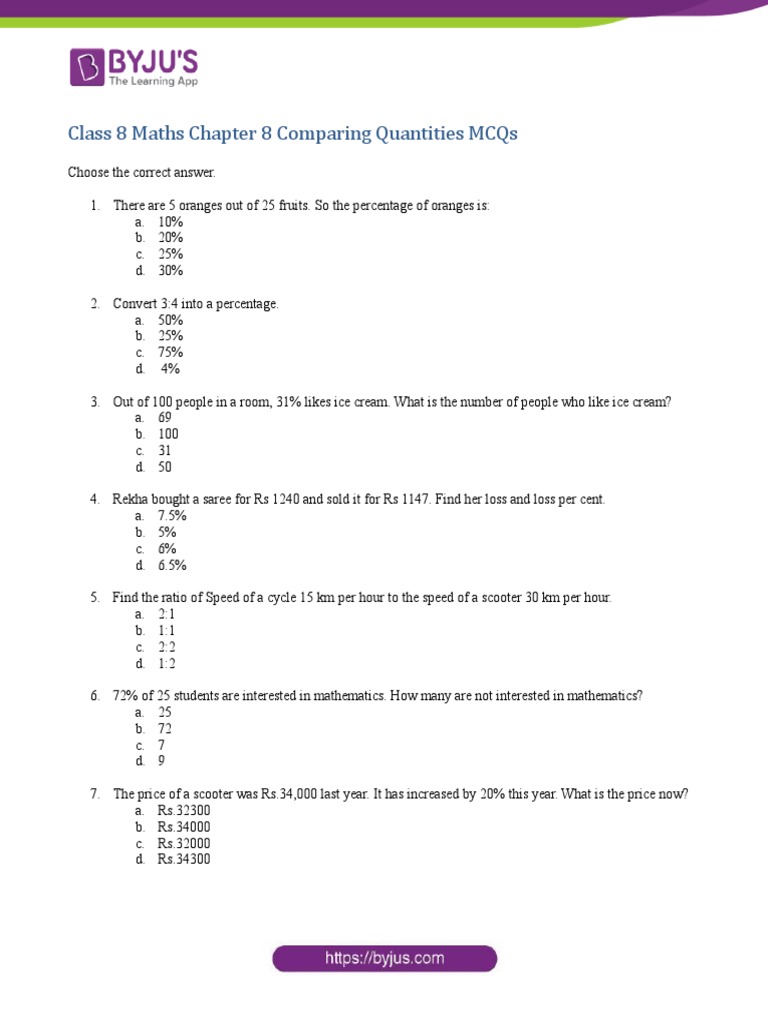 Class 8 Maths Chapter 8 Comparing Quantities MCQs | PDF | Home & Garden