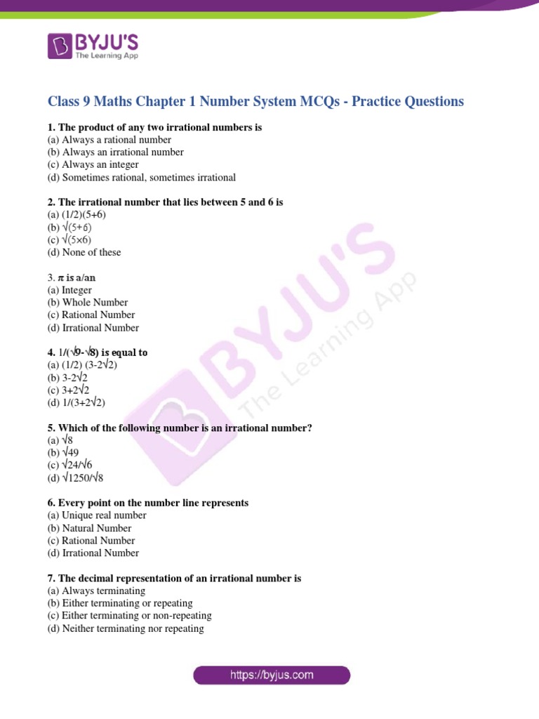 Class 9 Maths Chapter 1 Number System MCQs | PDF | Teaching Methods & Materials