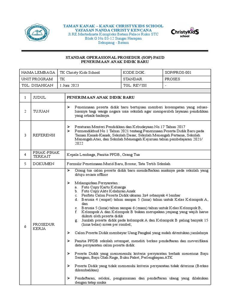 Sop Penerimaan Siswa Baru | PDF