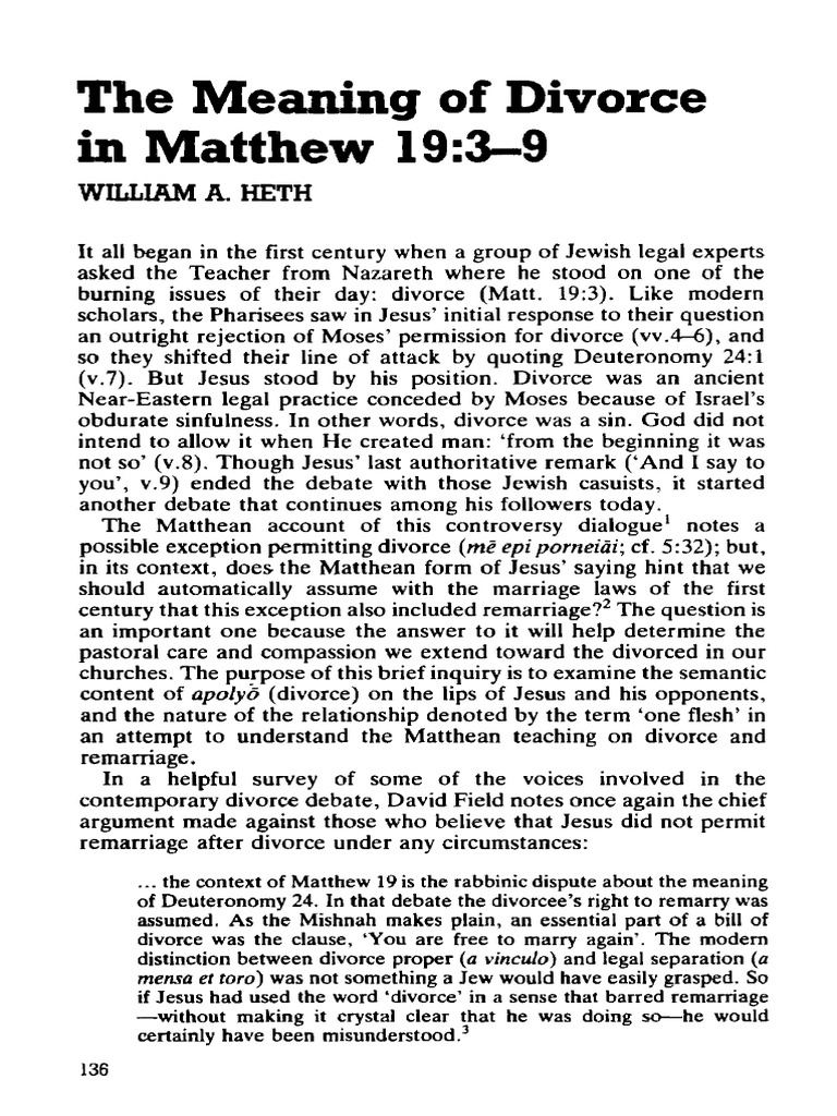 The Meaning of Divorce Matthew 19:3-9: William A Heth | PDF | Marriage ...