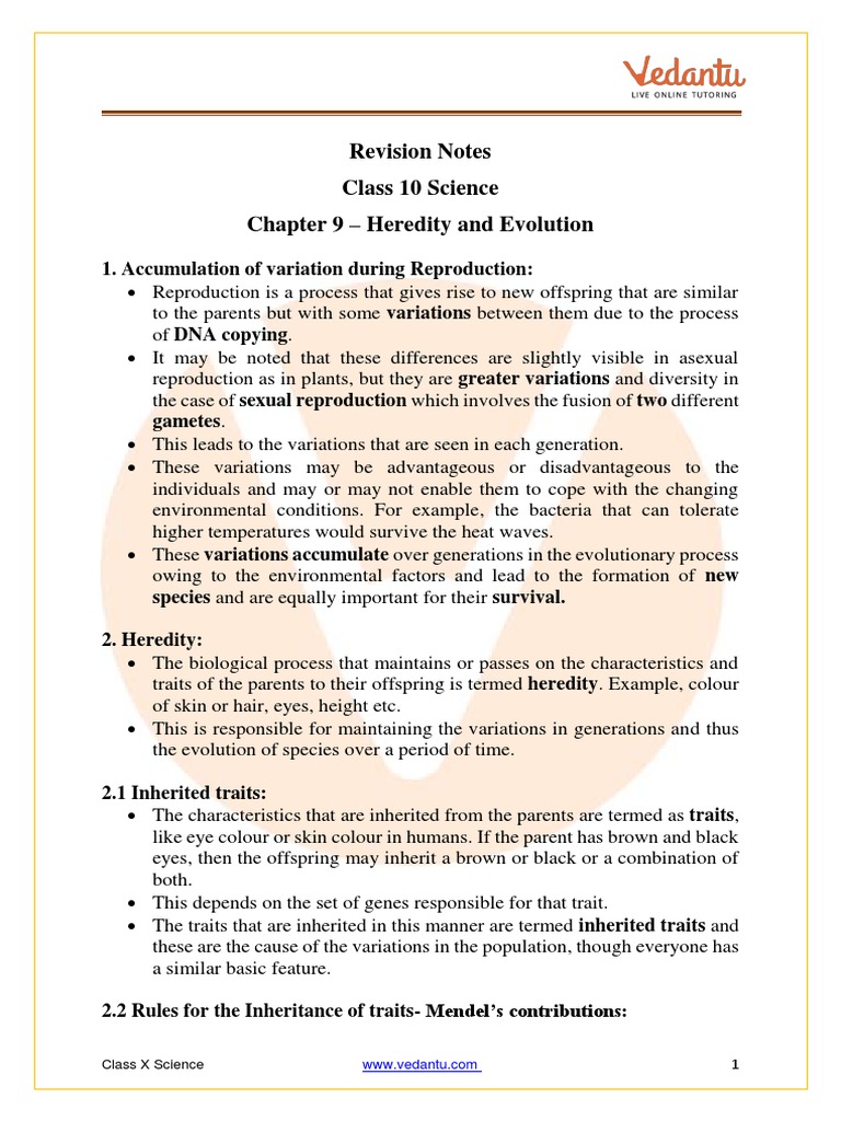 Heredity and Evolution Class 10 Notes CBSE Science Chapter 9 PDF | PDF ...
