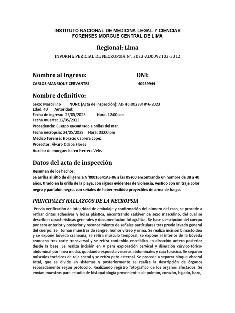 Informe Forense de MANRIQUE | PDF | Pulmón | Órgano (anatomía)