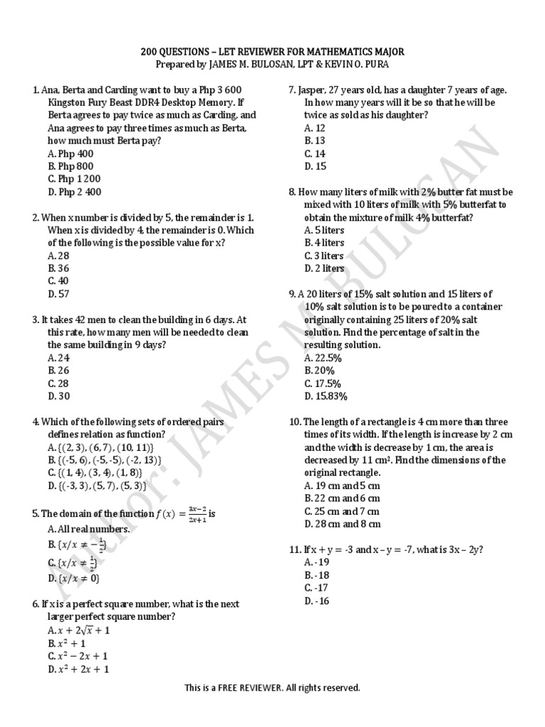 200 Questions - LET Reviewer For Mathematics Major | Download Free PDF | Mathematical Objects ...