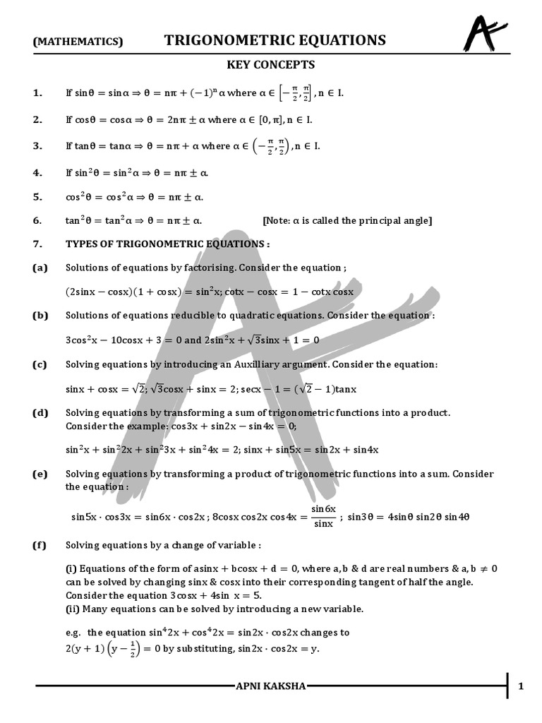 Sheet - 01 _ Trigonometric Equations & Inequations_ | PDF | Equations ...