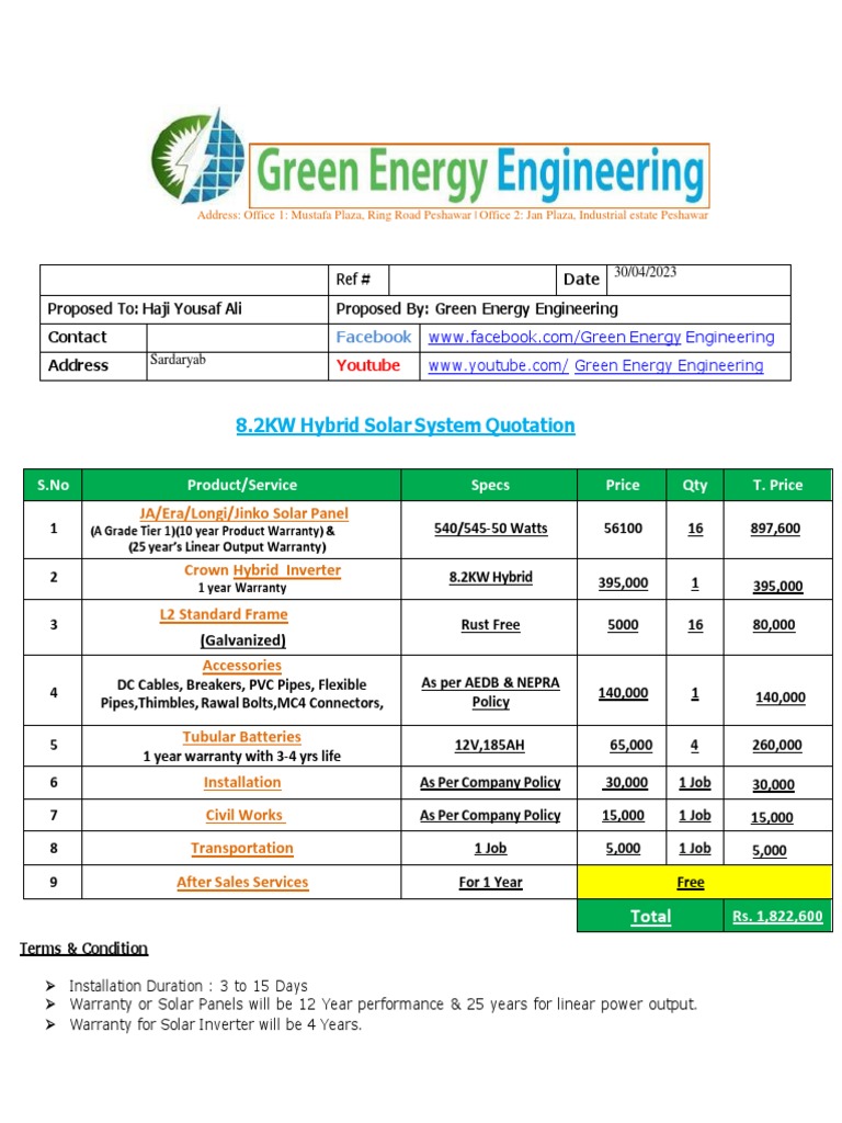 Quotation-8.2KW Haji Yousaf Ali | PDF | Renewable Energy | Electric Power