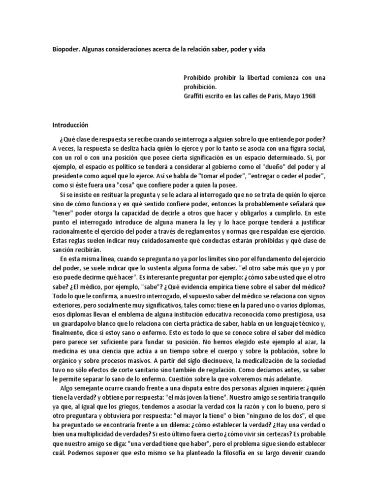 Biopoder - Algunas Consideraciones Acerca de La Relación Saber-Poder y ...