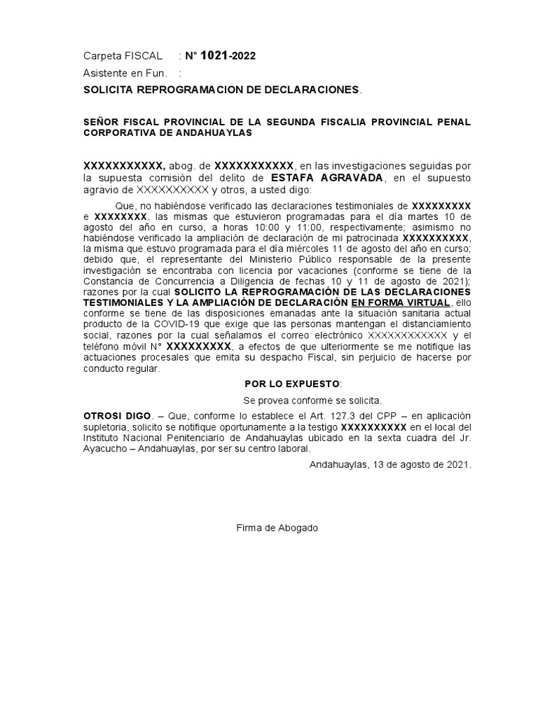 Solicita Reprogramacion de Declaracion | PDF | Derecho