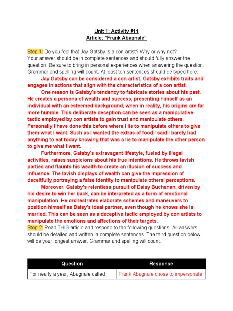 Honors Unit 1 - Activity #11 | Download Free PDF | The Great Gatsby | Cognitive Science