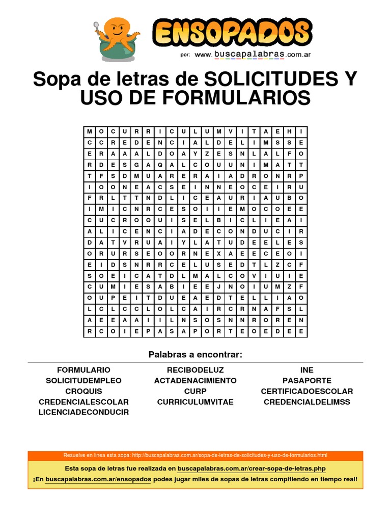 Sopa de Letras de Solicitudes y Uso de Formularios | PDF