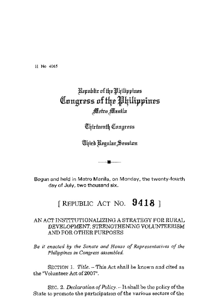 Republic Act No. 9418-Volunteer Act of 2007 | PDF | Volunteering ...