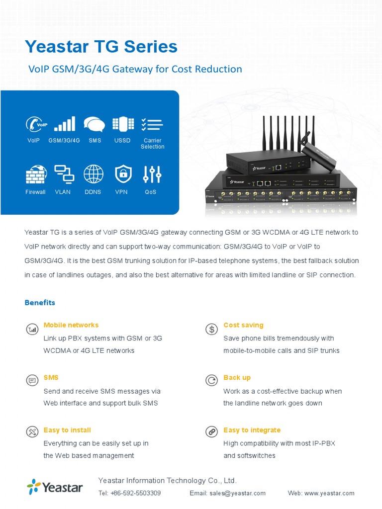 Yeastar_TG_Series_VoIP_GSM_Gateway_Datasheet_en | PDF | Voice Over Ip | 4 G