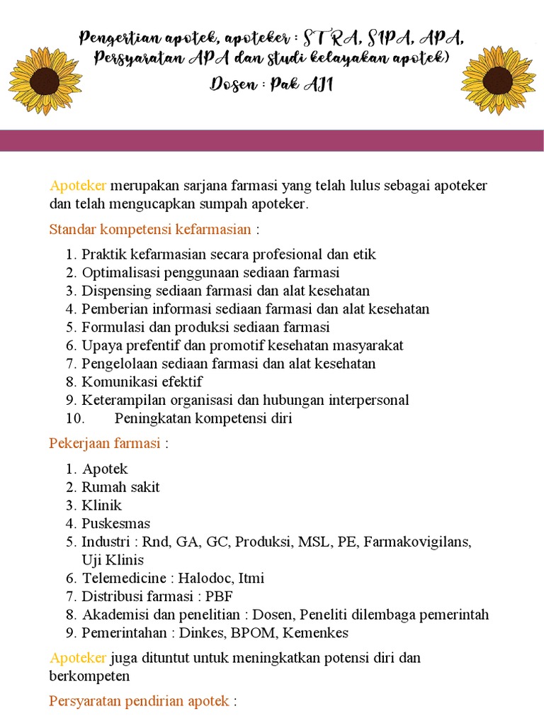 Pengertian Apotek, Apoteker STRA, SIPA, APA, Persyaratan APA Dan Studi Kelayakan Apotek | PDF