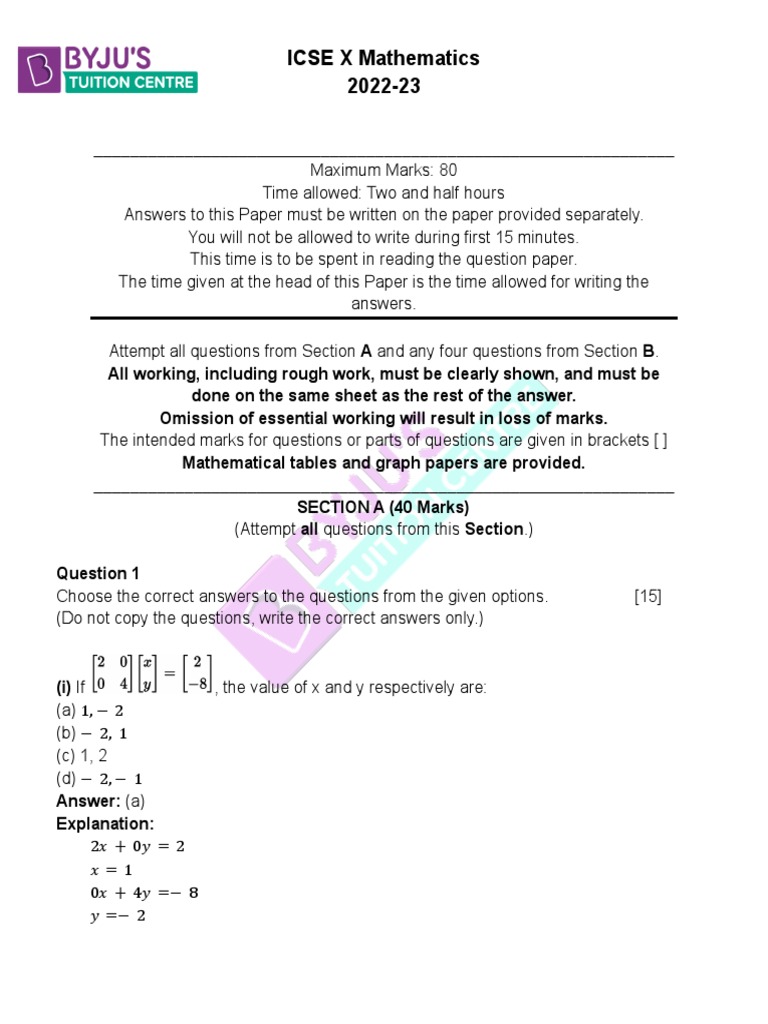Icse 10 March13 Maths Question Paper With Solution 2023 | PDF | Inequality (Mathematics) | Circle