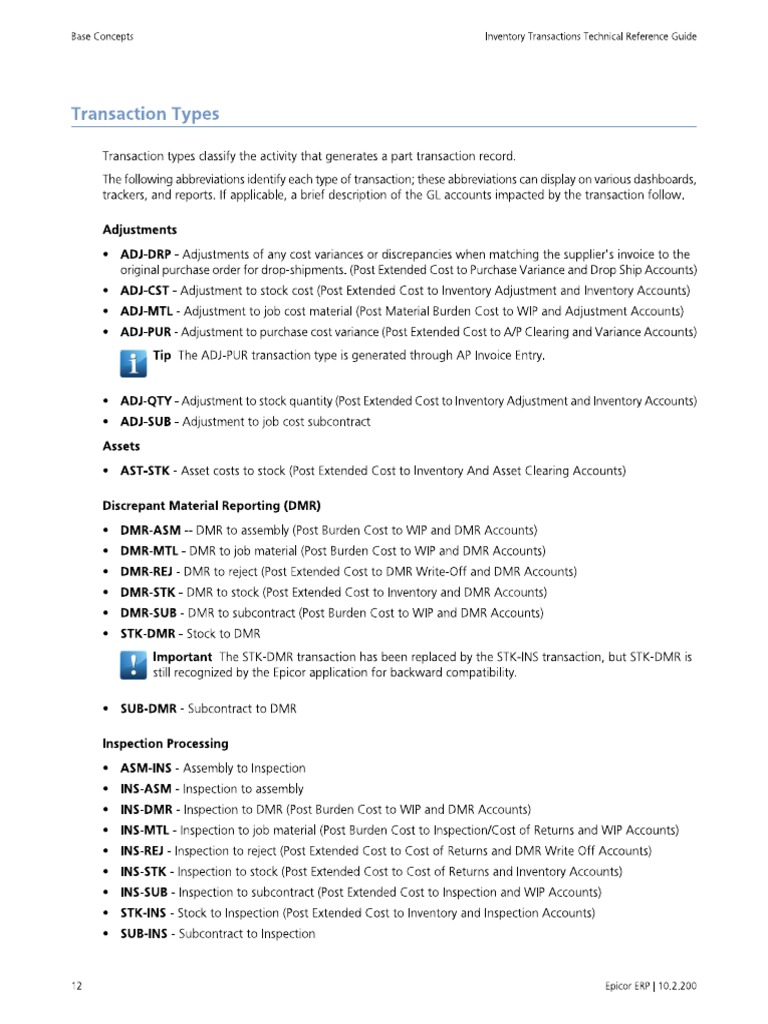 Epicor Transaction Types | PDF