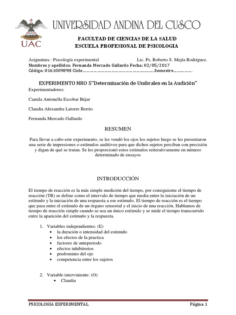 Umbrales en la Audición: Estudio Experimental | PDF | Experimentar ...