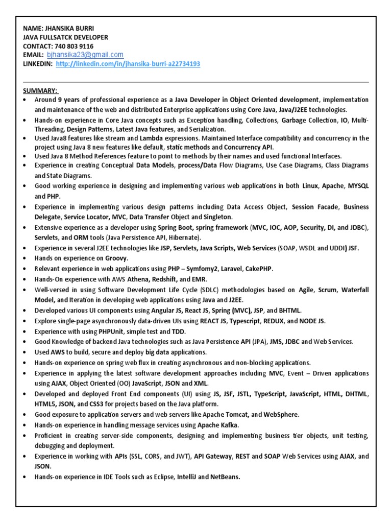 Jhansika Burri Java Resume | PDF | Spring Framework | Java (Programming Language)