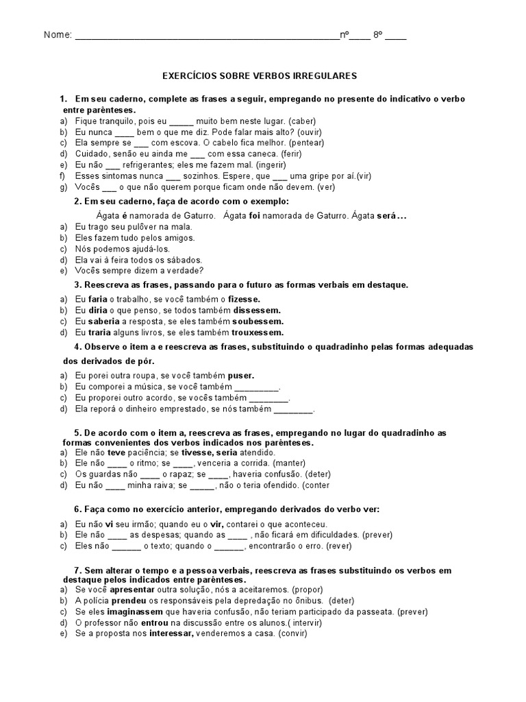 EXERCÍCIOS SOBRE VERBOS IRREGULARES | PDF