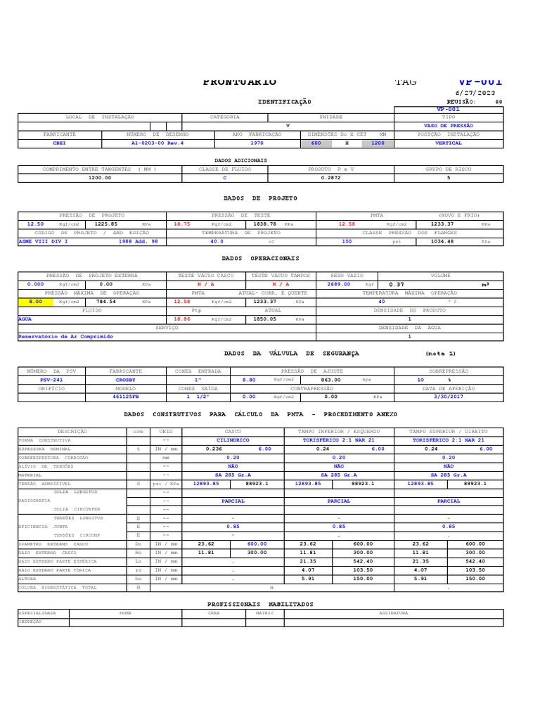 Planilha Para Cálculo Pmta Vaso - Prontuário (1) | PDF | Estresse (Mecânica) | Química