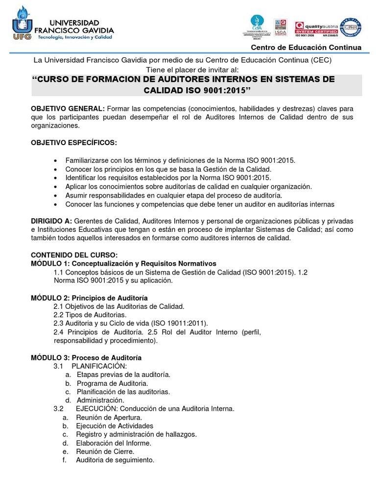 Curso de Formacion de Auditores Internos en Sistemas de Calidad Iso ... Curso de Formacion de Auditores Internos en Sistemas de Calidad Iso ...