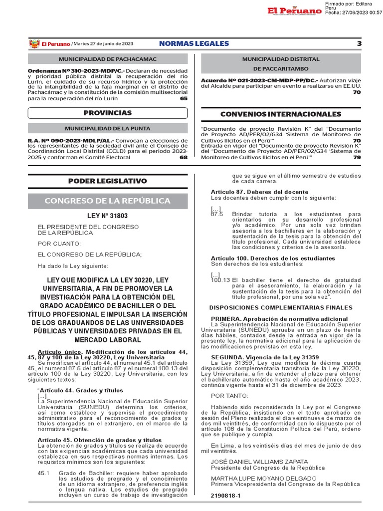 Congreso de La República: Normas Legales | Descargar gratis PDF | Perú | Universidad