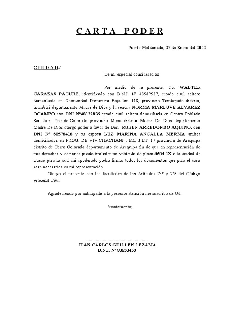 Carta Poder para VEHICULO MOTO | PDF
