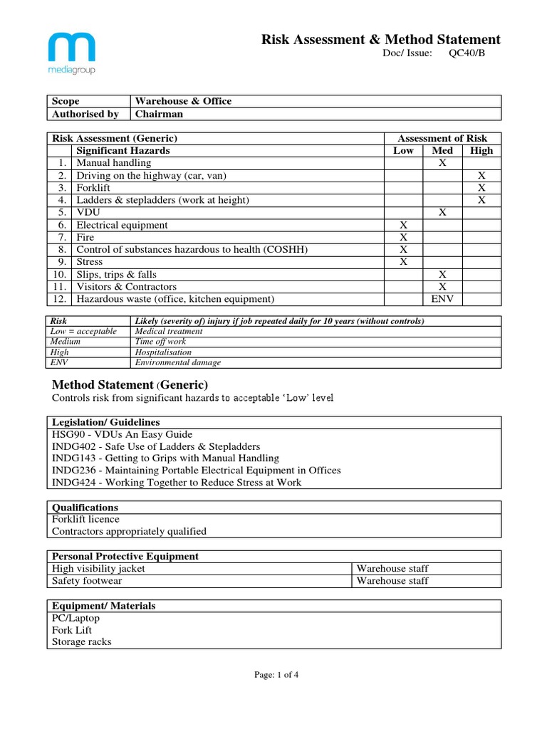 Risk Assessment - Method Statement | PDF | Forklift | Warehouse