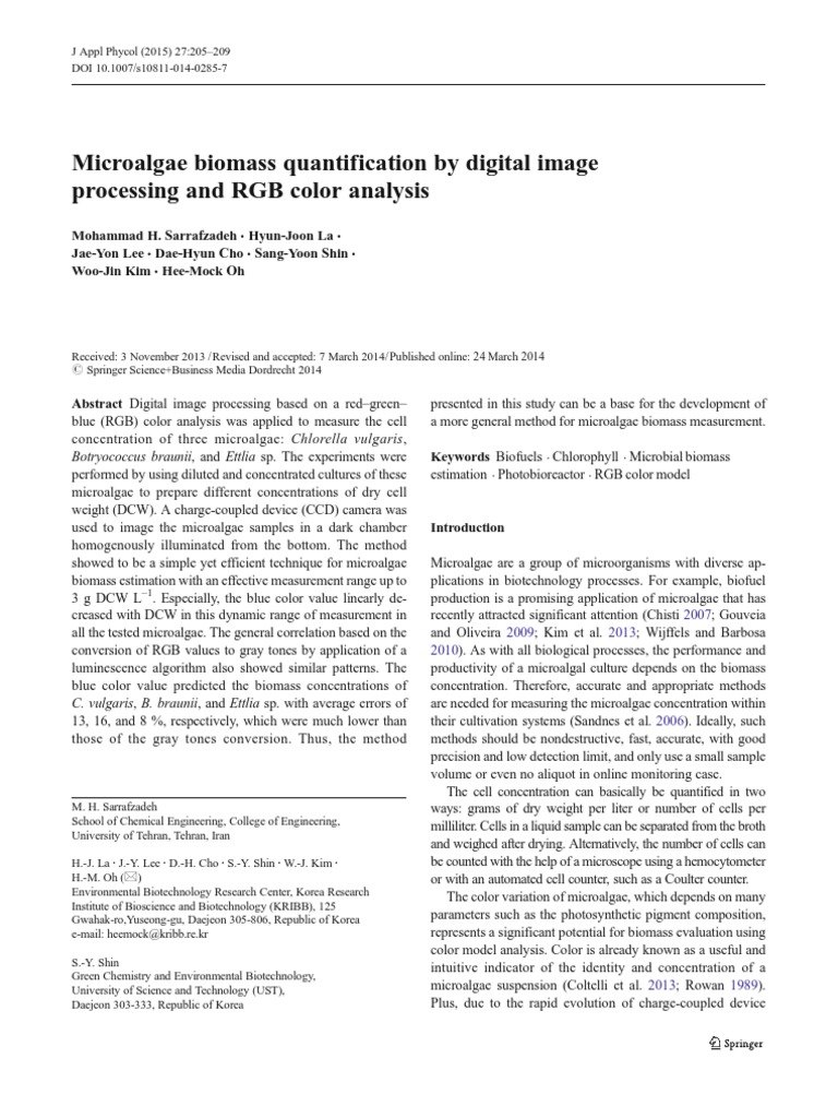 Microalgae Biomass Quantification By Digital Image Processing And Rgb Color Analysis Pdf Rgb