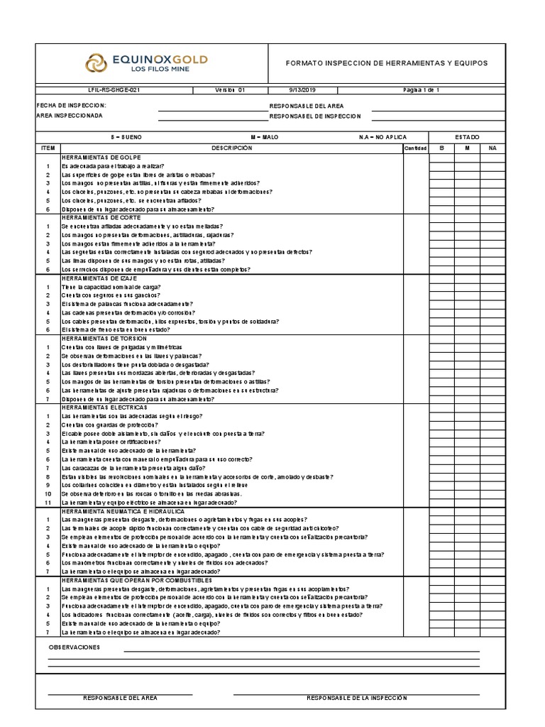 LFIL-RS-SHGE-021 Formato Inspeccion de Herramienta | PDF | Herramientas ...