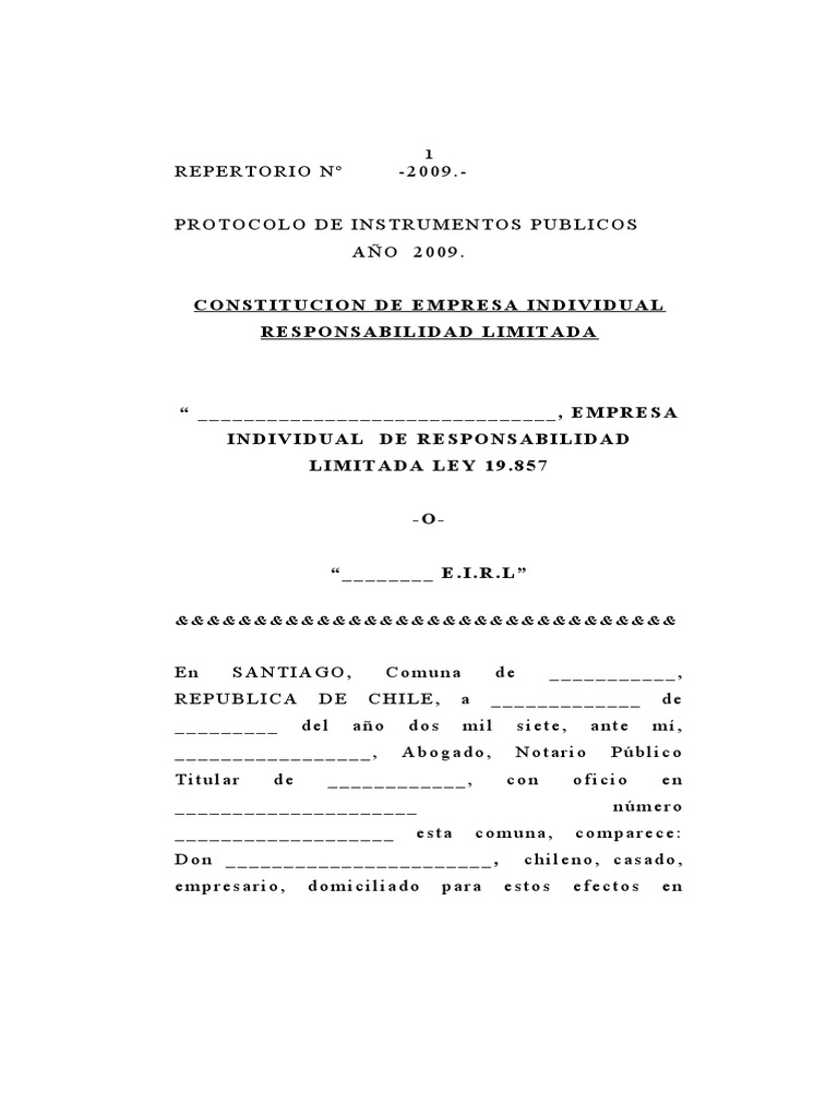 EMPRESA INDIVIDUAL DE RESPONSABILIDAD LIMITADA. EIRL. ESCRITURA DE CONSTITUCION | PDF