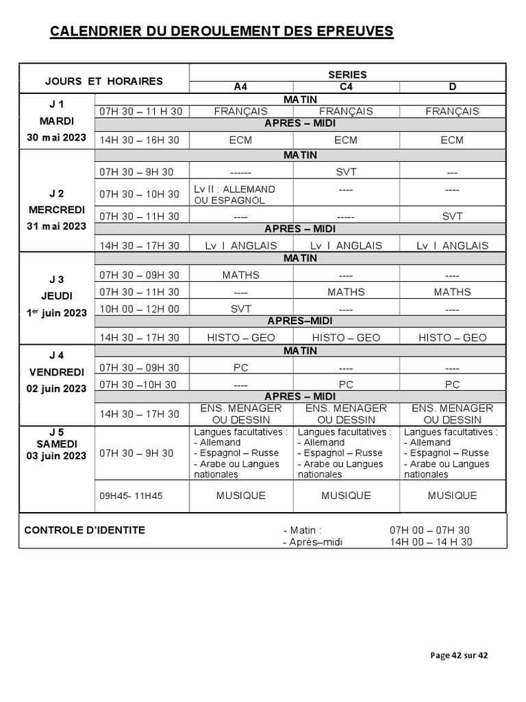 Calendrier des Épreuves 2023 | PDF