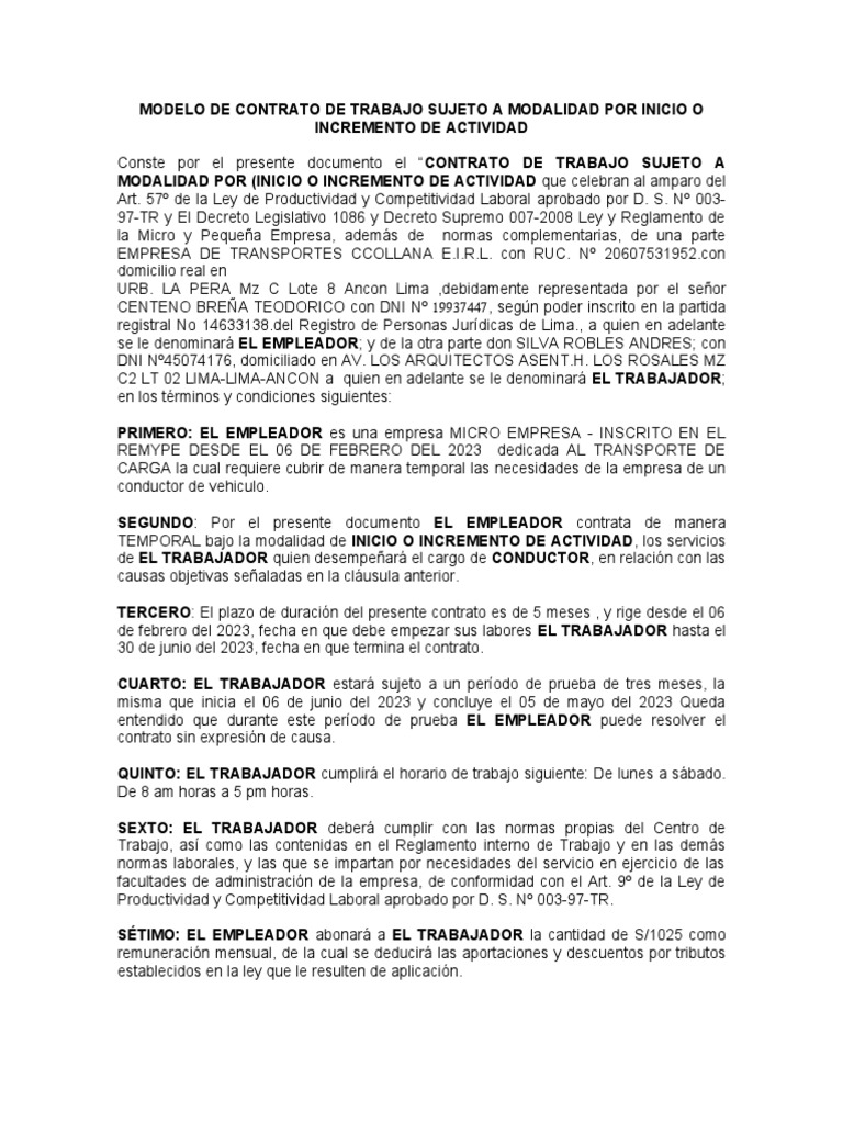 Modelo de Contrato de Trabajo Sujeto A Modalidad Por Inicio o Incremento de Actividad | PDF ...