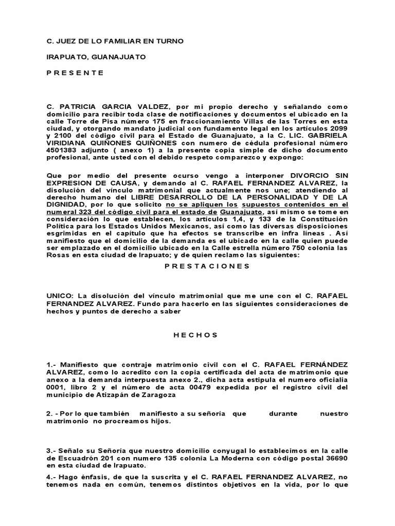 Demanda Divorcio INCAUSADO | PDF | Divorcio | Principios éticos