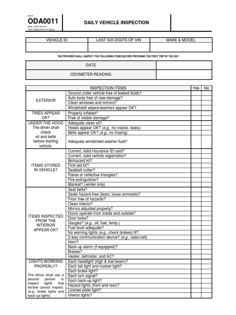 Daily Vehicle Inspection Large Print Ohio | PDF | Vehicles ...