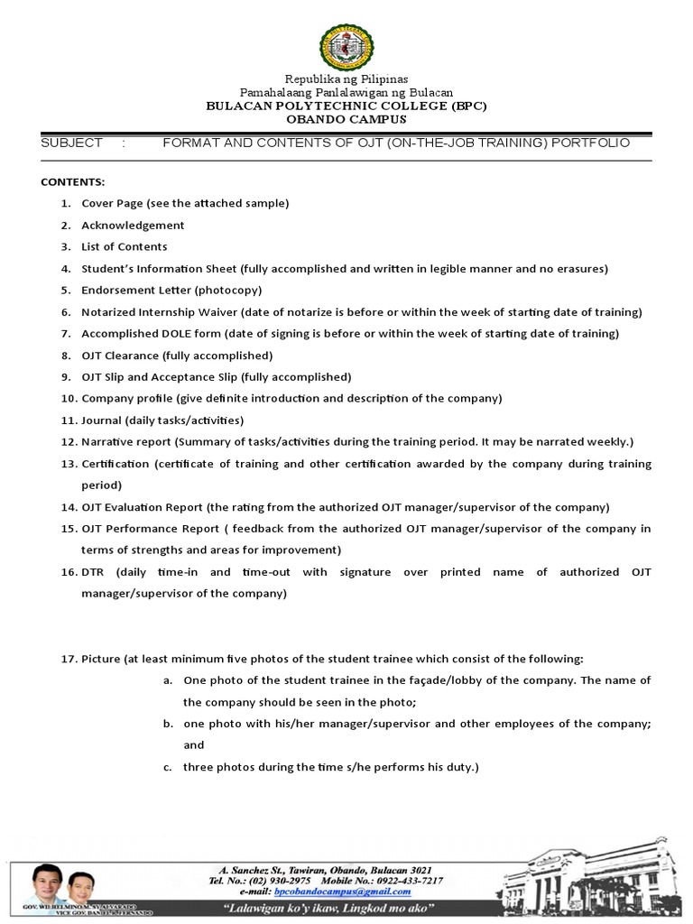 OJT Portfolio Guidelines - BPC | PDF