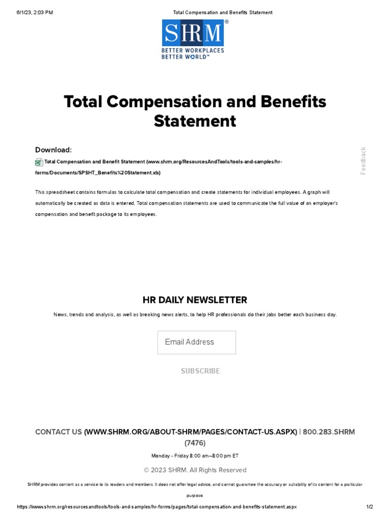 Total Compensation and Benefits Statement | PDF | Compensation And ...