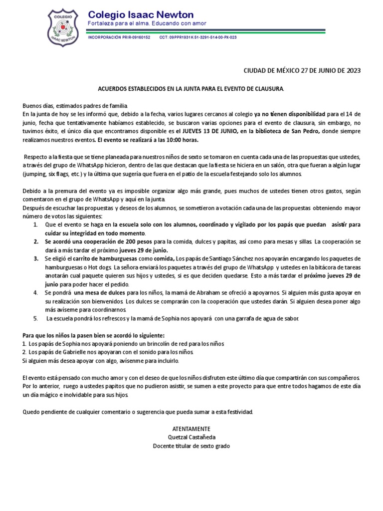 Acuerdo Salida de Sexto Ciclo 2022-2023 | PDF