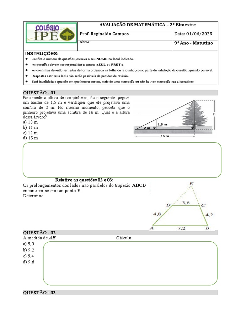 A3 9o Ano AvaliaÇÃo De Matematica 2obim Pdf Triângulo