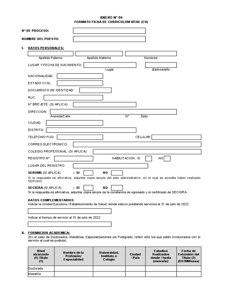 Anexo 4 Ficha de Curriculum Vitae (CV) | PDF