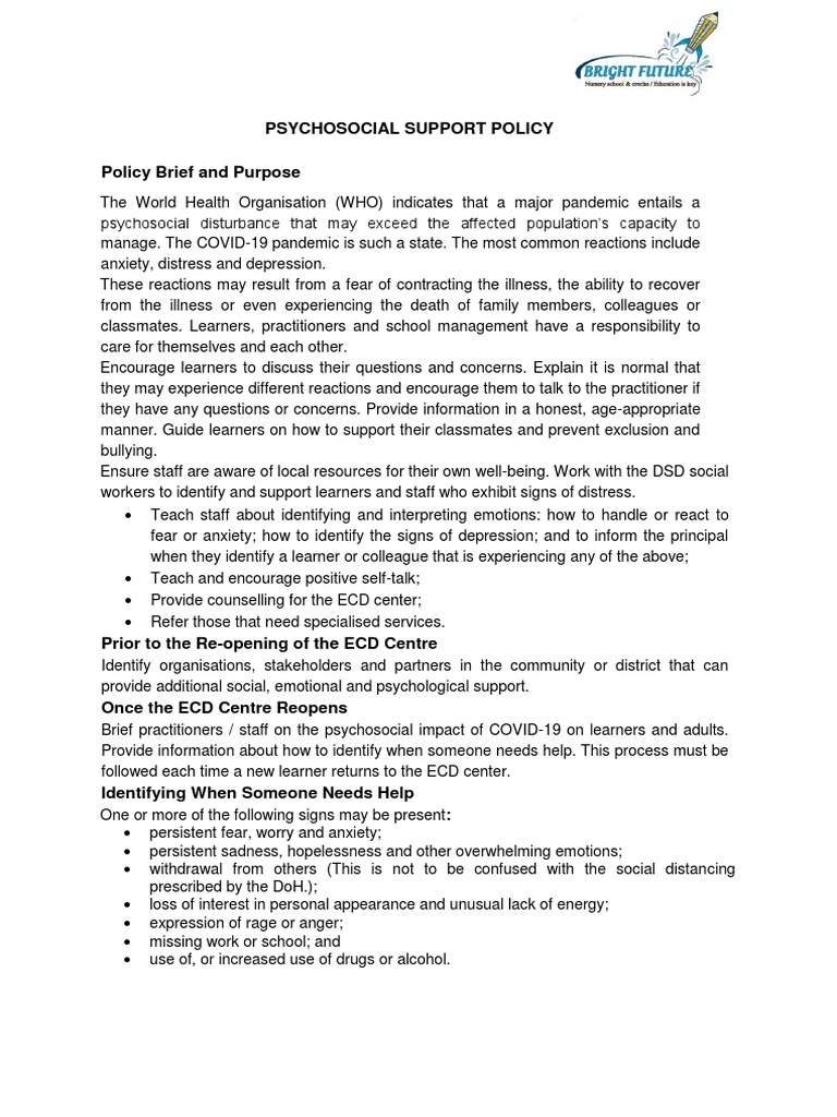 Psychosocial Support Policy | PDF | Major Depressive Disorder | Anxiety