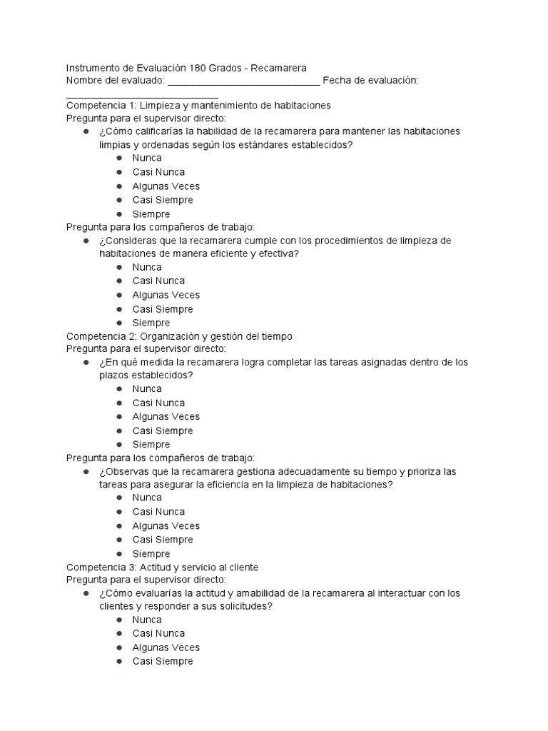 Instrumento de Evaluación 180 Grados - Recamarera | PDF | Evaluación ...