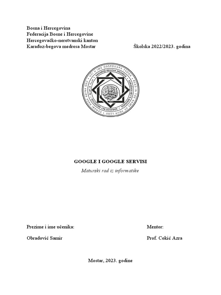 Google I Google Servisi Maturski Rad Samir Obradović | PDF