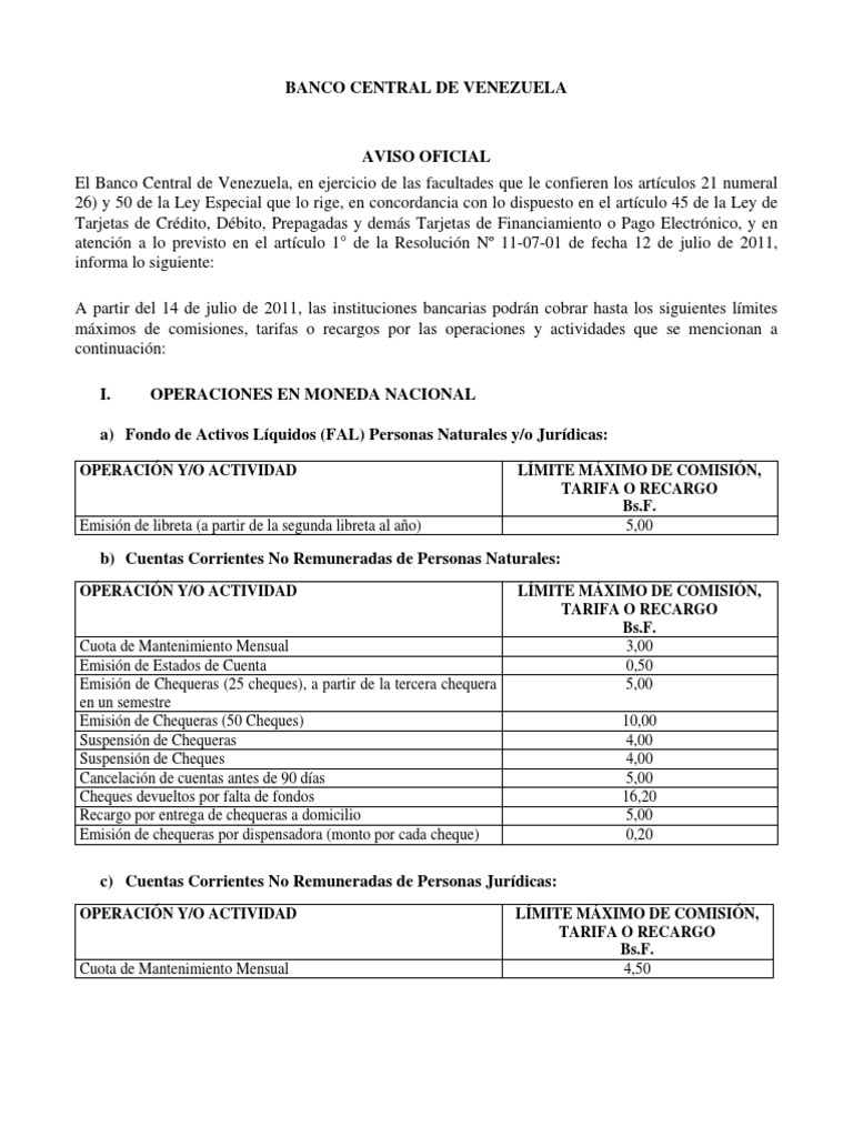 Aviso del BCV. Tarifas y Comisiones.- | PDF | Bancos | Tarjeta de crédito