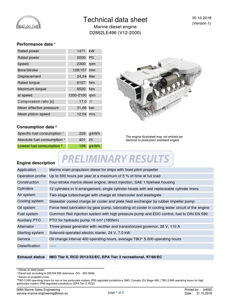 Technical Data Sheet: Marine Diesel Engine D2862LE496 (V12-2000) | PDF | Diesel Engine | Marine ...