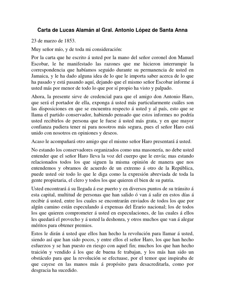 Carta de Lucas Alamán Al Gral. Santa Anna | PDF