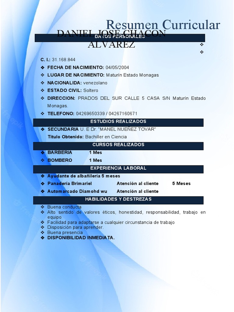 DANIEL JOSE CHACON ALVAREZ Curriculum | PDF