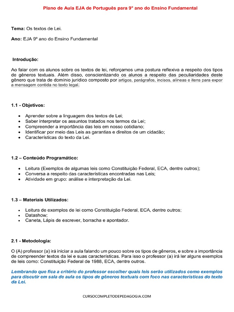 Plano-de-Aula-EJA-de-Portugues-para-9°-ano-do-Ensino-Fundamental (2) | PDF