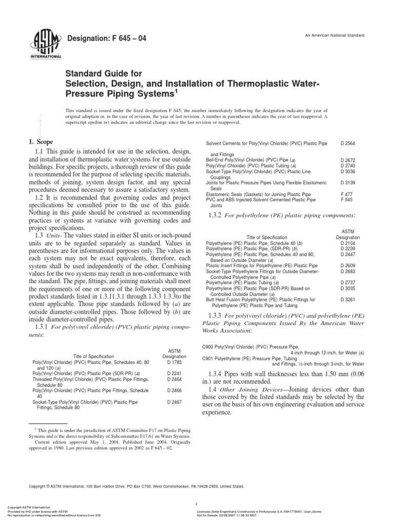 Selection, Design, and Installation of Thermoplastic Water-Pressure Piping Systems | PDF | Pipe ...