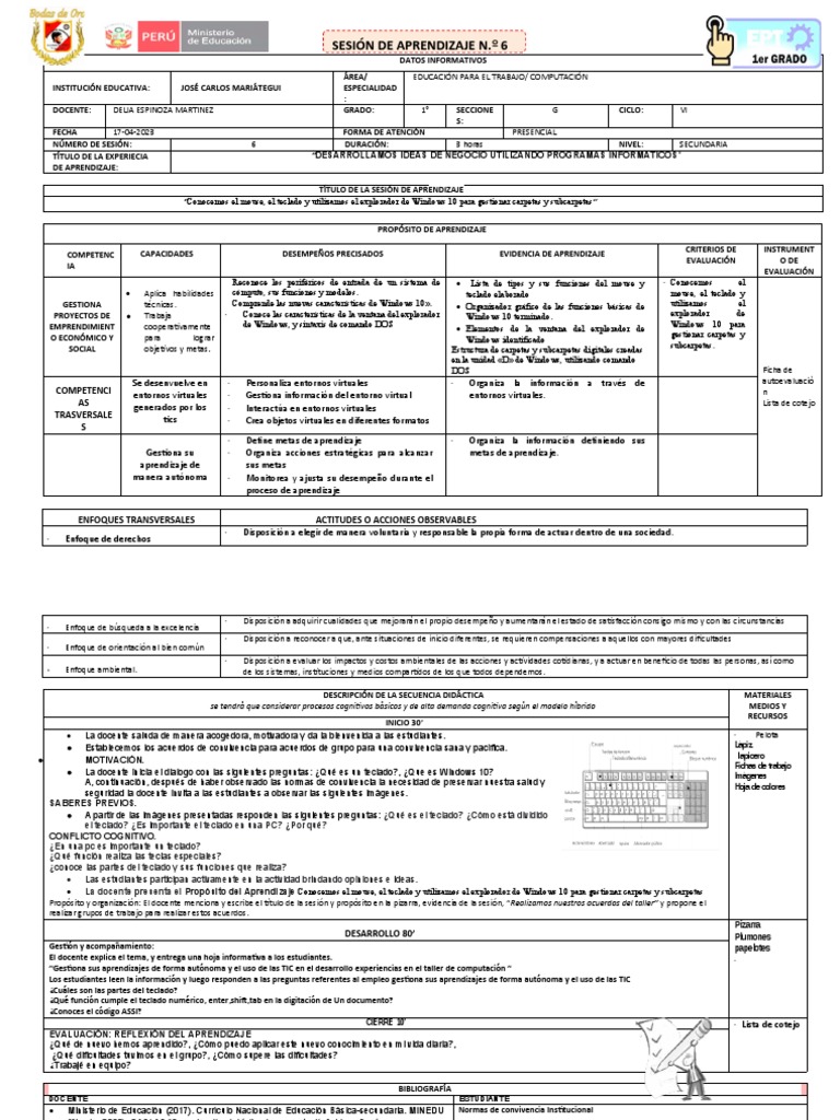 Sesion N 6 1ro Ept Pdf Aprendizaje Windows 10