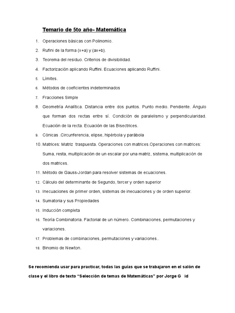 Temario de 5to Año - Matemática | PDF